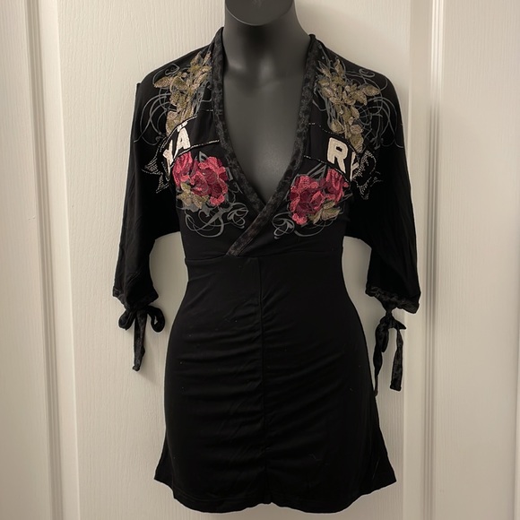 Tops | Karv Black Tee Ties In Back Embroidered Top Ties On Arms Sz L ...